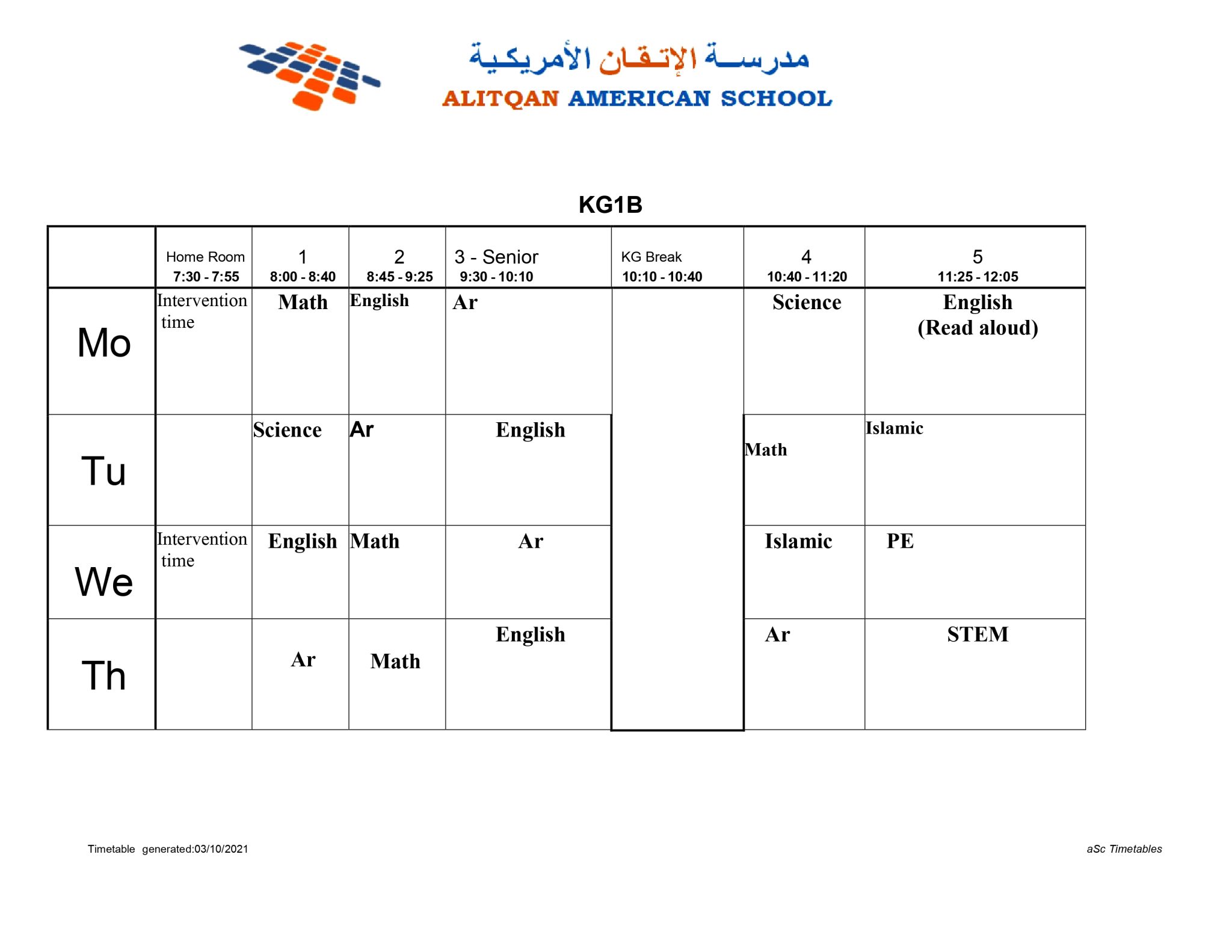 Timetable – Al Itqan American School