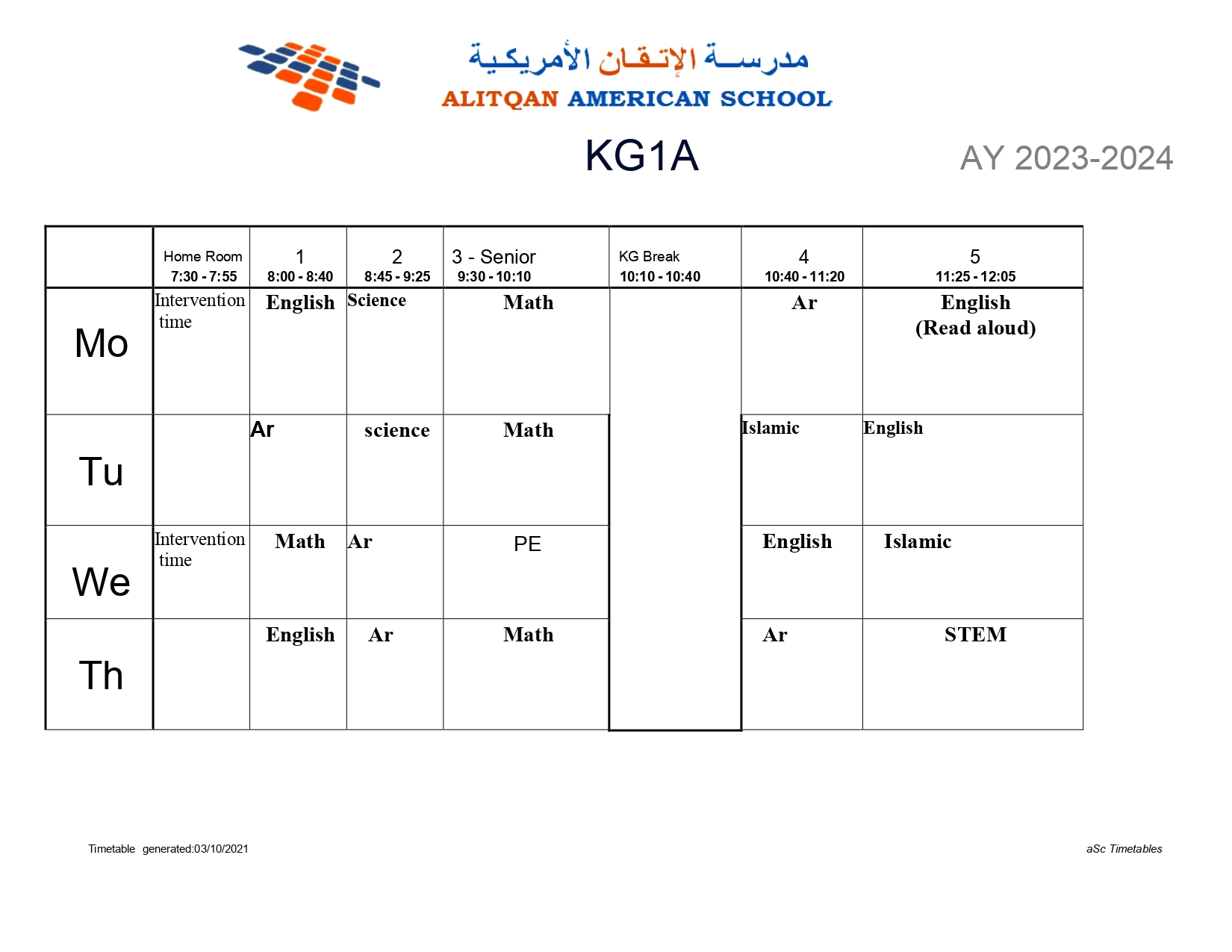 Timetable – ALIQTAN AMERICAN SCHOOL