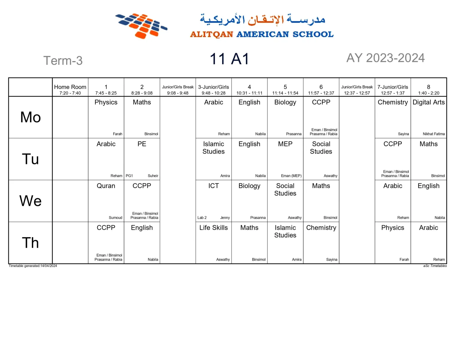 Timetable – ALIQTAN AMERICAN SCHOOL