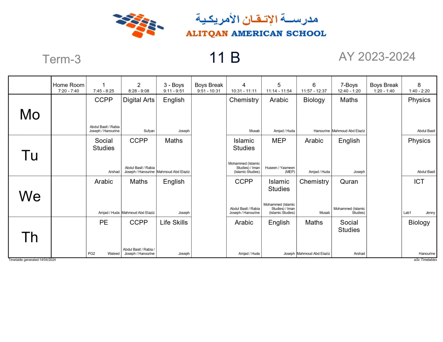 Timetable – ALIQTAN AMERICAN SCHOOL