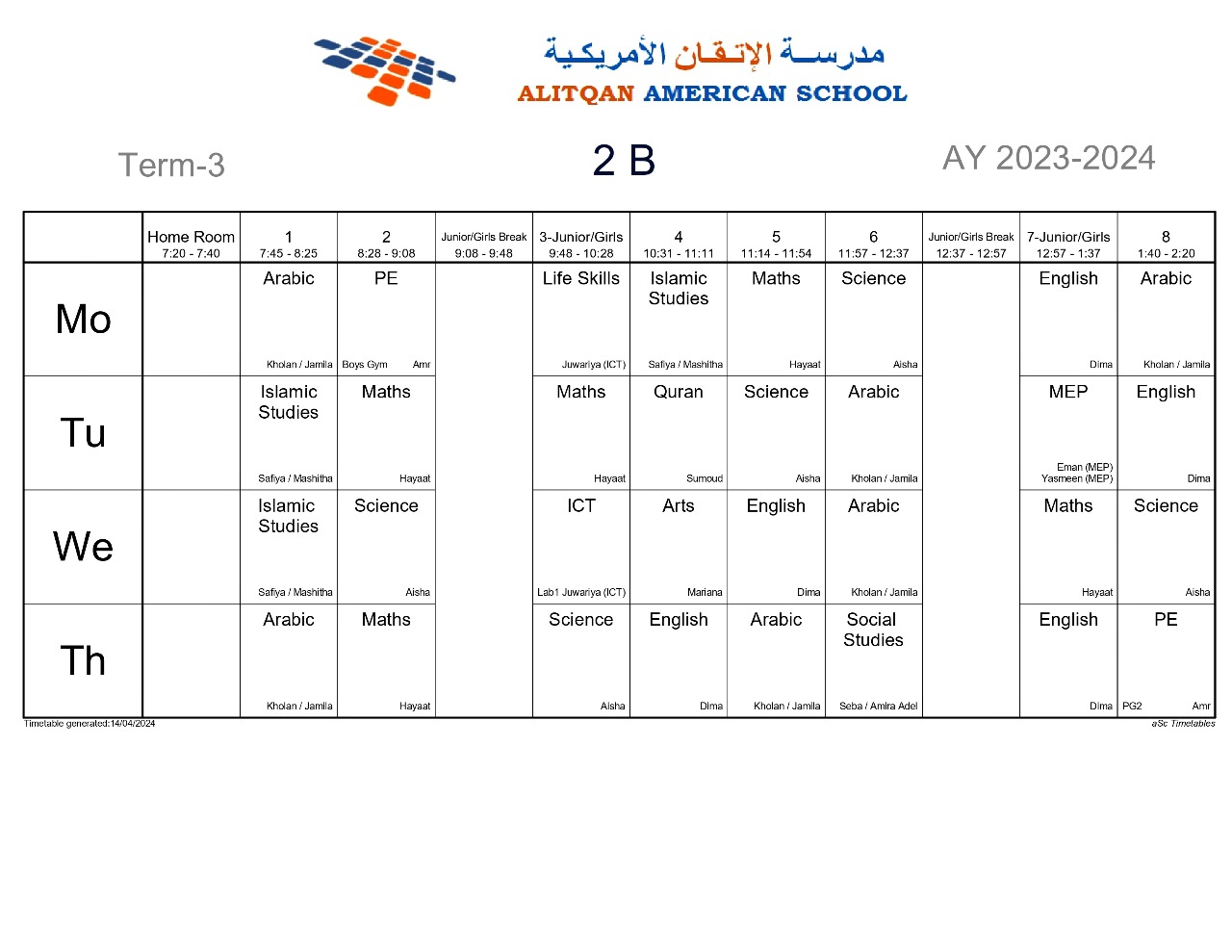 Timetable – ALIQTAN AMERICAN SCHOOL