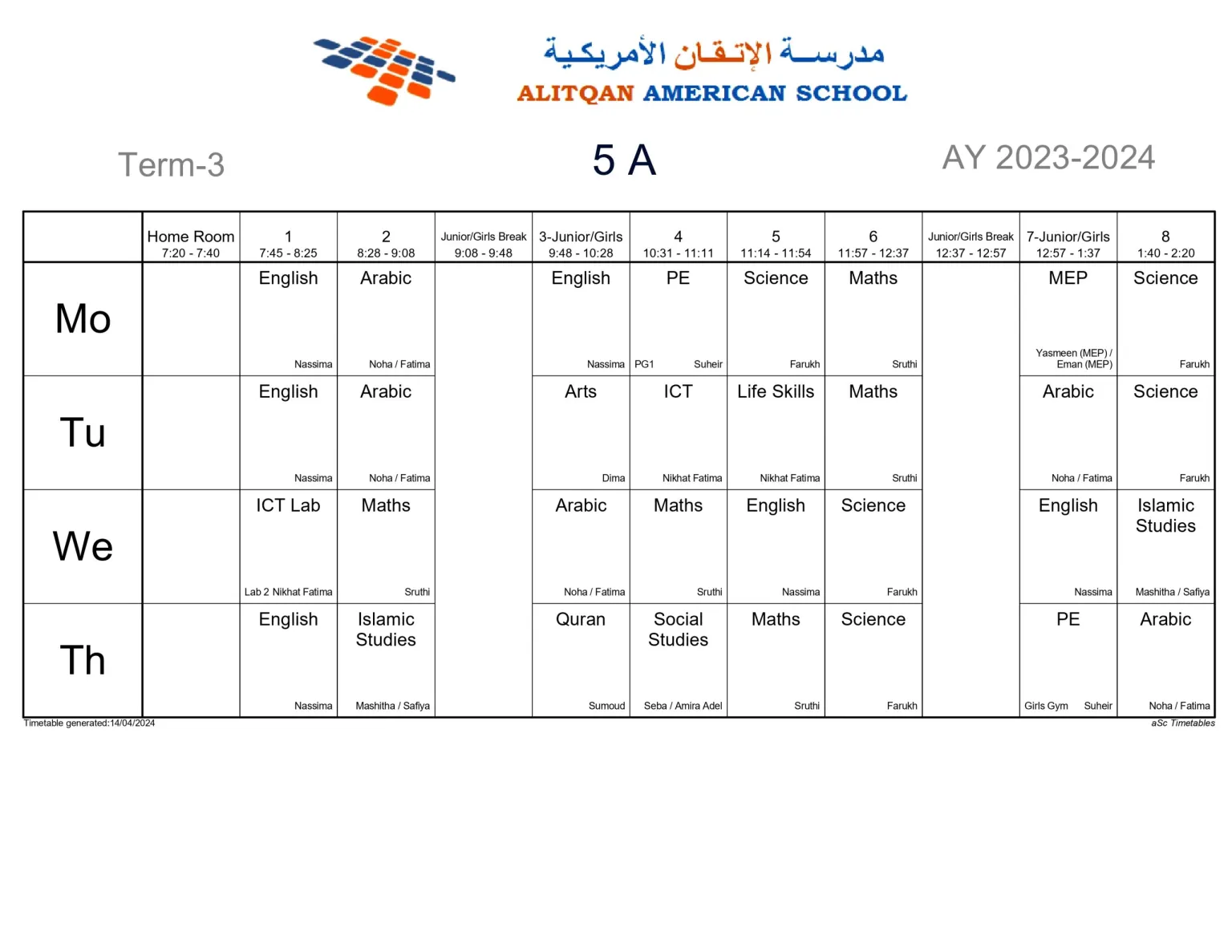Timetable – ALIQTAN AMERICAN SCHOOL