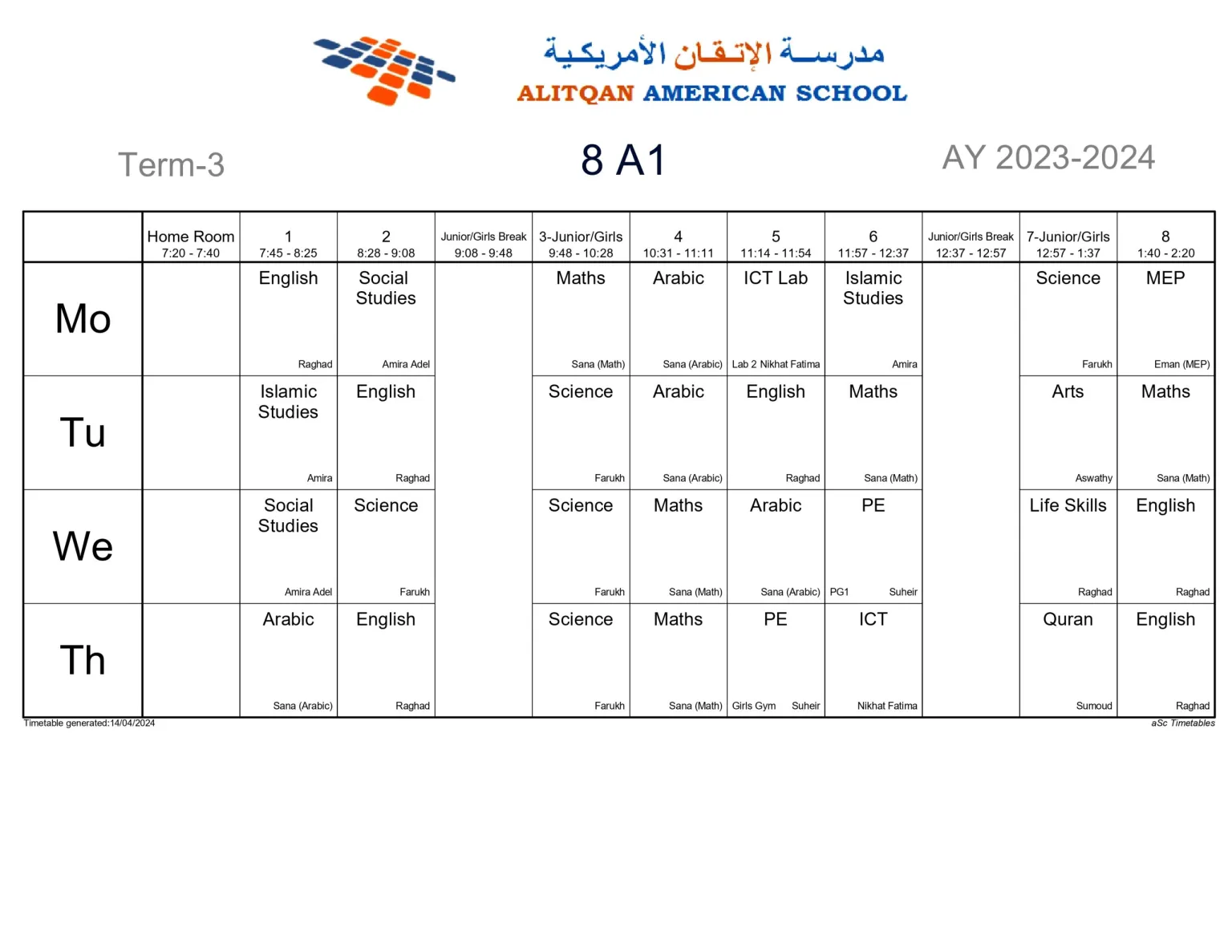Timetable – ALIQTAN AMERICAN SCHOOL