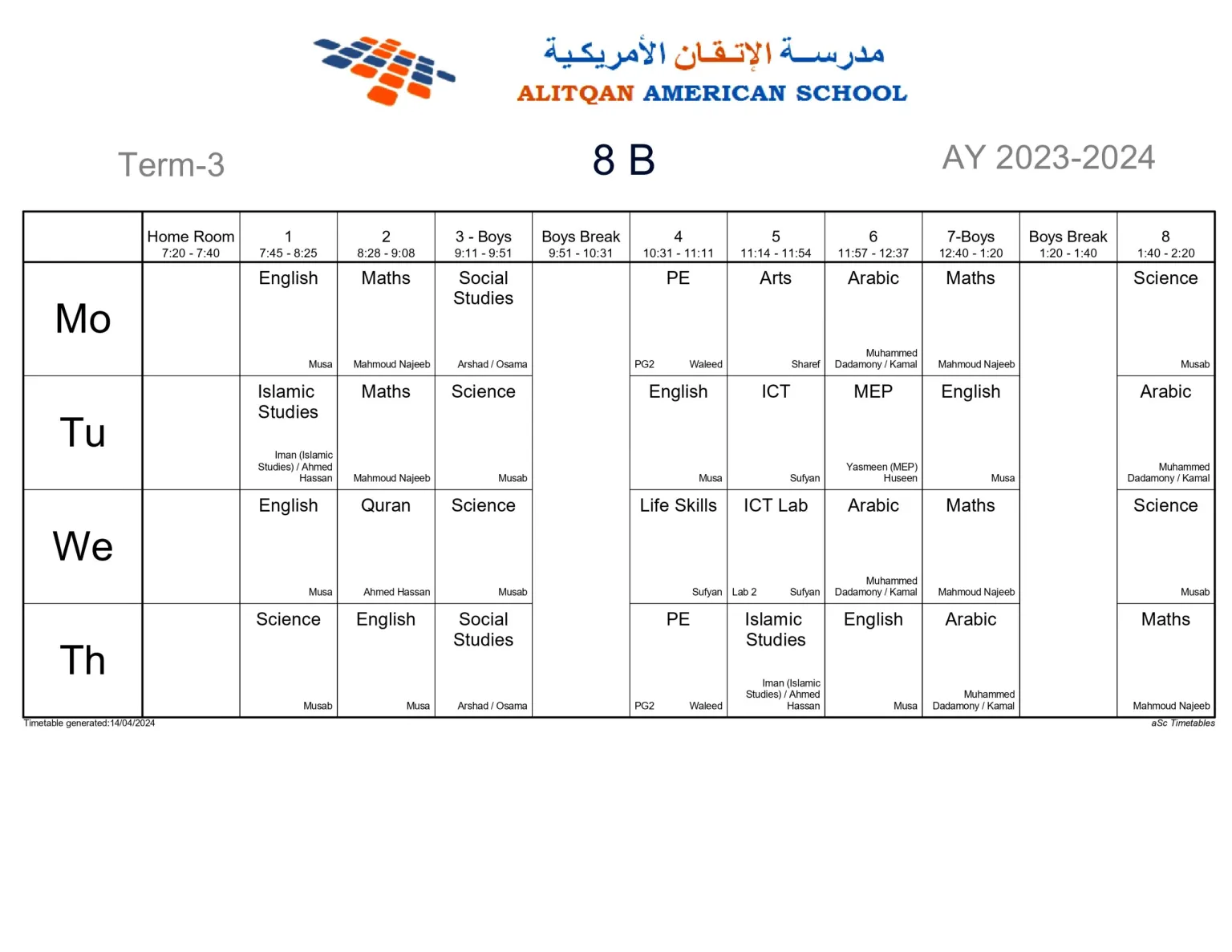 Timetable – ALIQTAN AMERICAN SCHOOL
