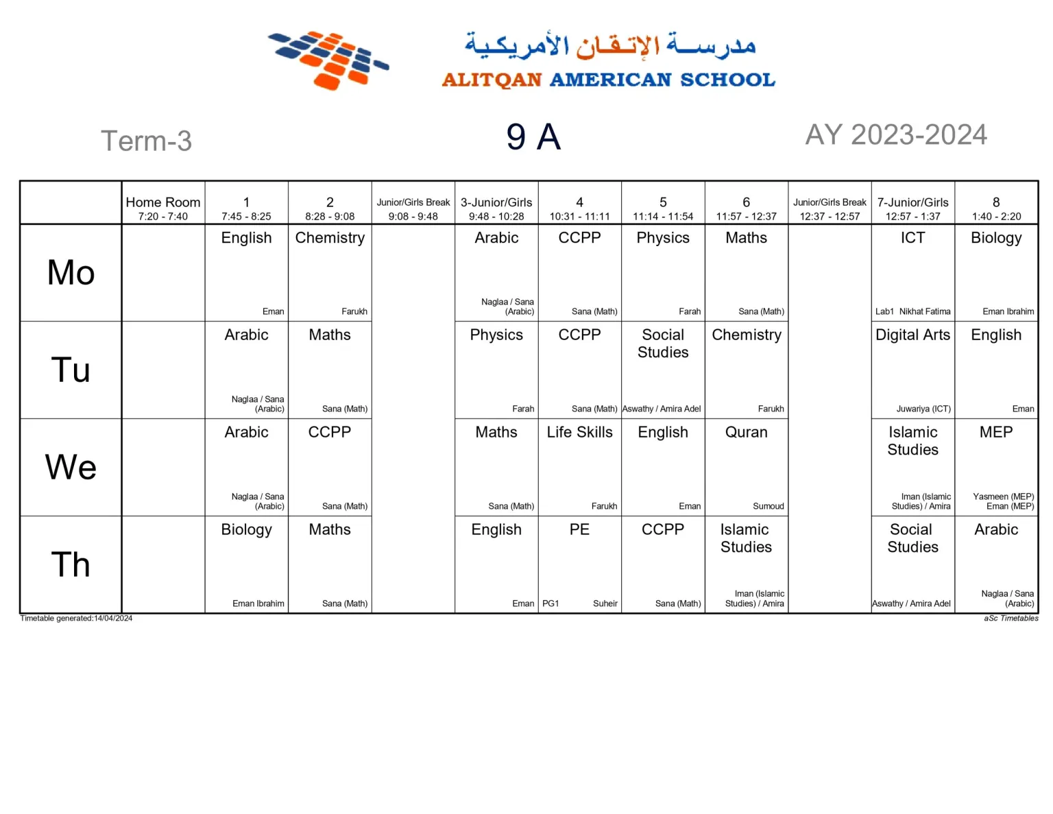 Timetable – ALIQTAN AMERICAN SCHOOL