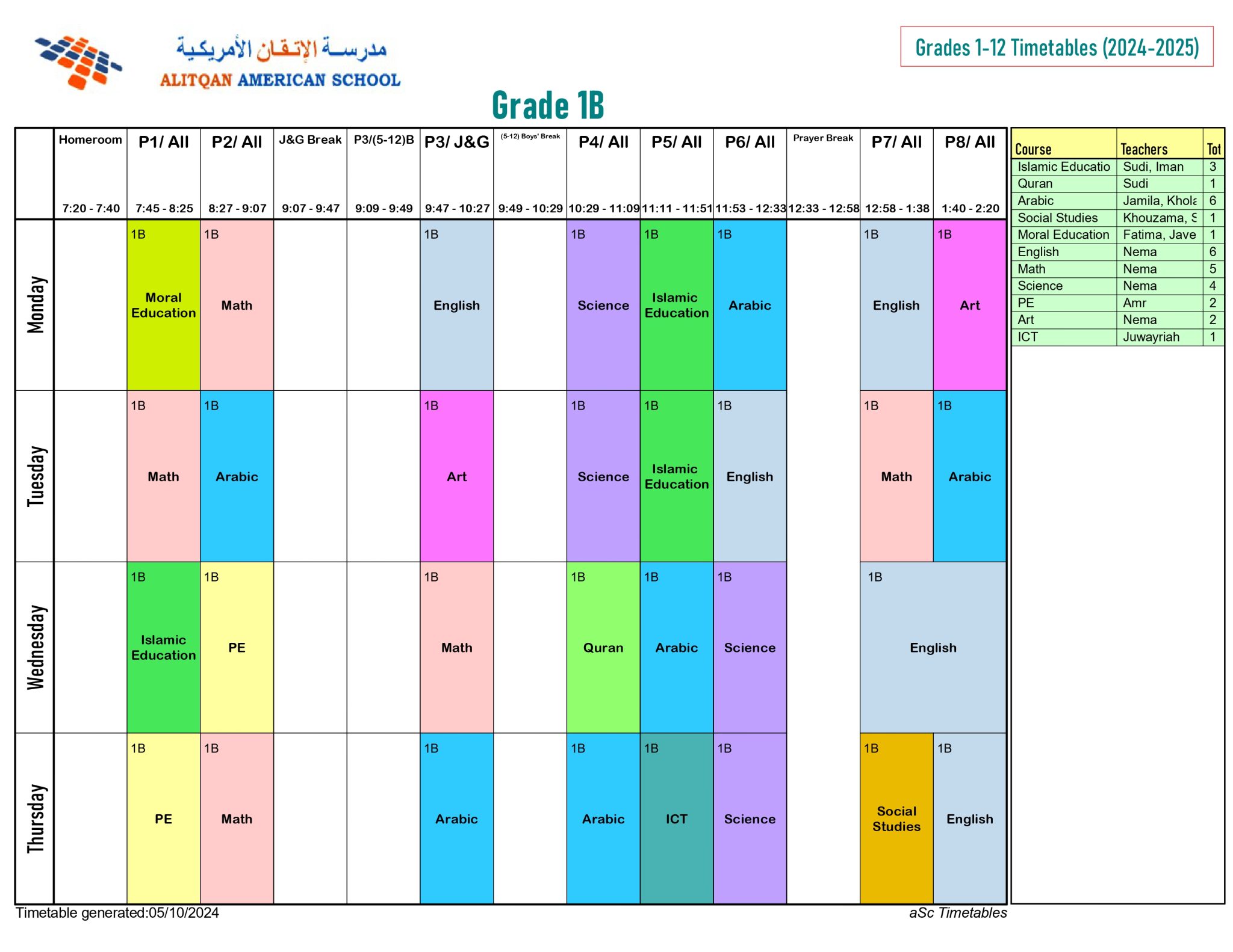 Timetable – ALITQAN AMERICAN SCHOOL