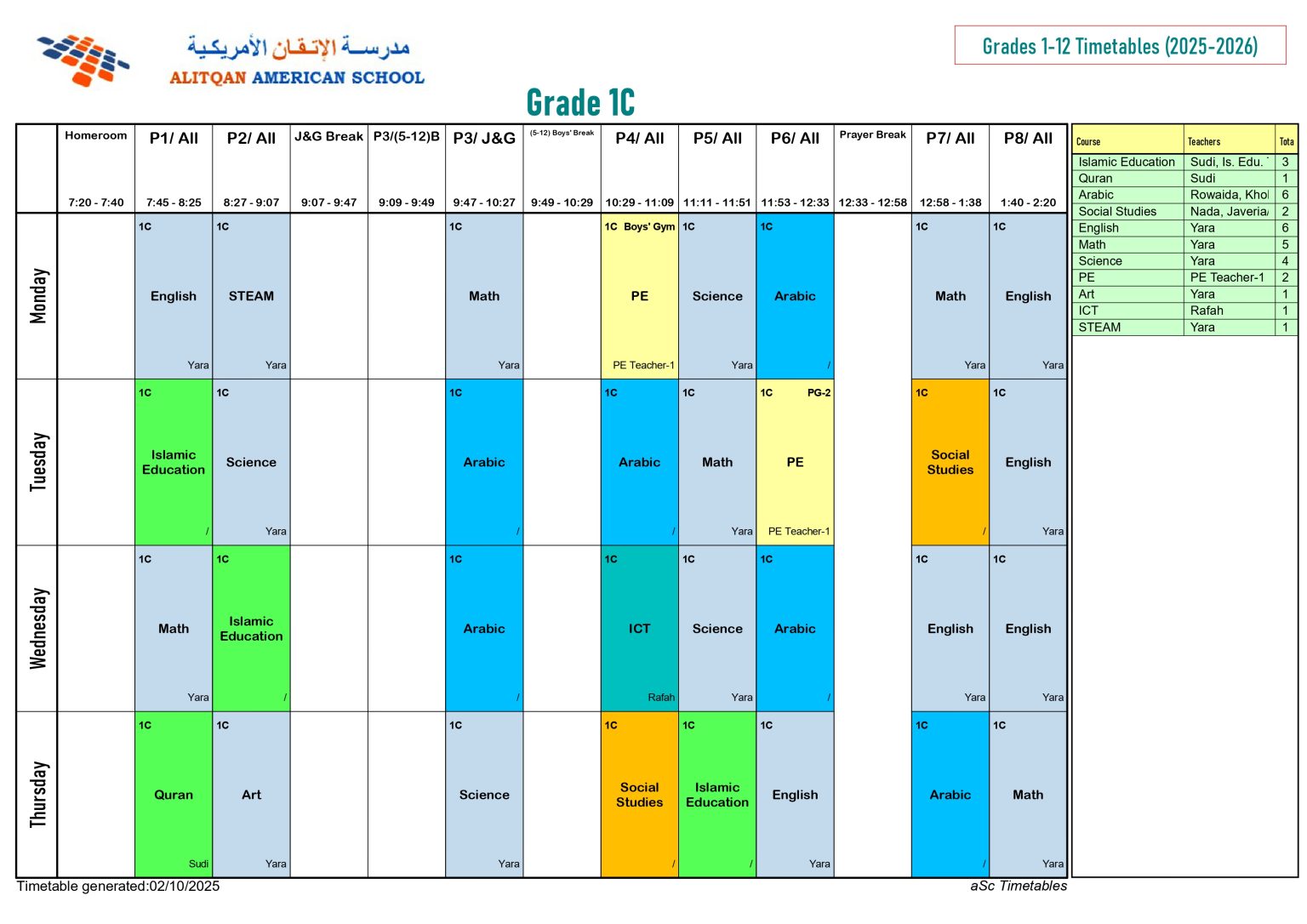 Timetable – ALITQAN AMERICAN SCHOOL