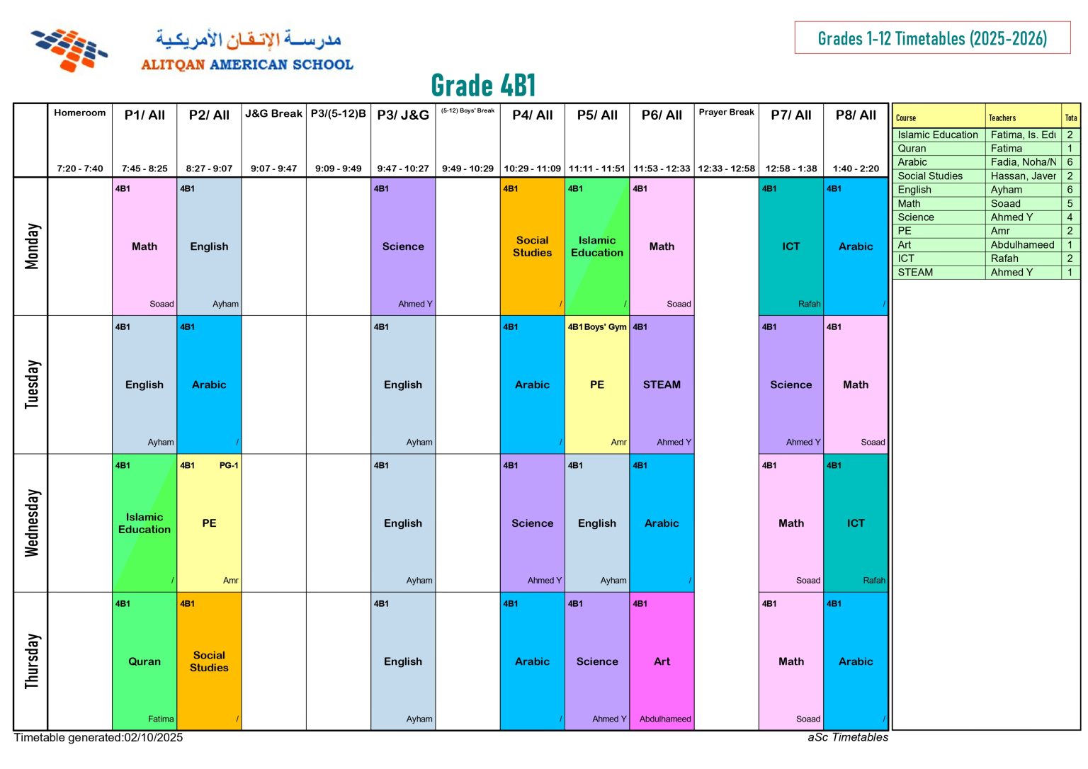 Timetable – ALITQAN AMERICAN SCHOOL