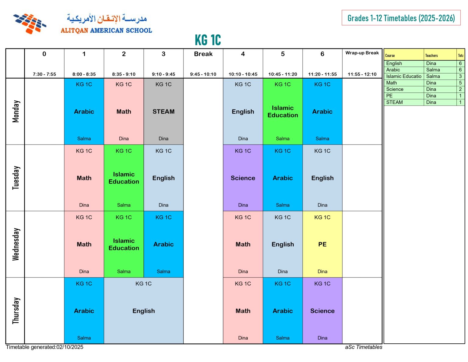Timetable – ALITQAN AMERICAN SCHOOL
